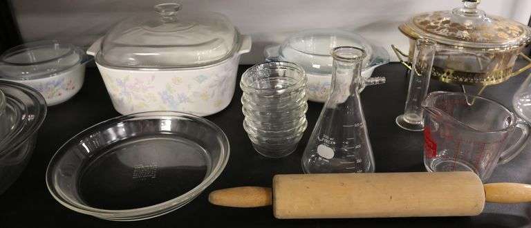 Lot of Pyrex Dishes, Chemistry Bottles, Wooden Rolling Pin, Corningware ...