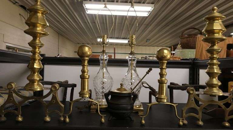 Lot of Antique Brass Andirons, Smudge Pot & Crystal / Glass Lamps ...