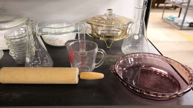 Lot of Pyrex Dishes, Chemistry Bottles, Wooden Rolling Pin, Corningware ...