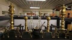 Lot of Antique Brass Andirons, Smudge Pot & Crystal / Glass Lamps ...