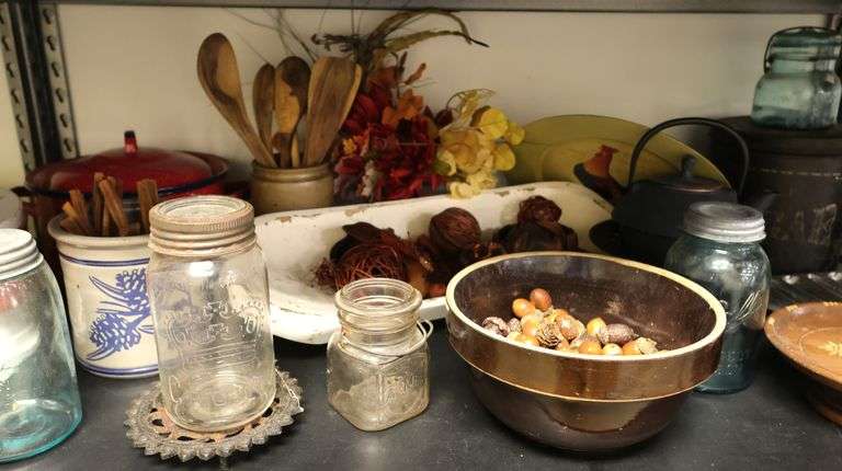Lot of Primitive Home Decor, Mason Jars, Stoneware Crocks, Sugar Bun ...