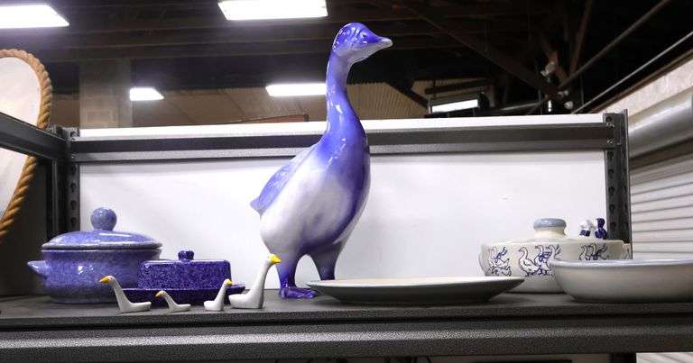 Louisville Stoneware Geese Dishes, Blue & White Statue, Ada Butter Dish ...