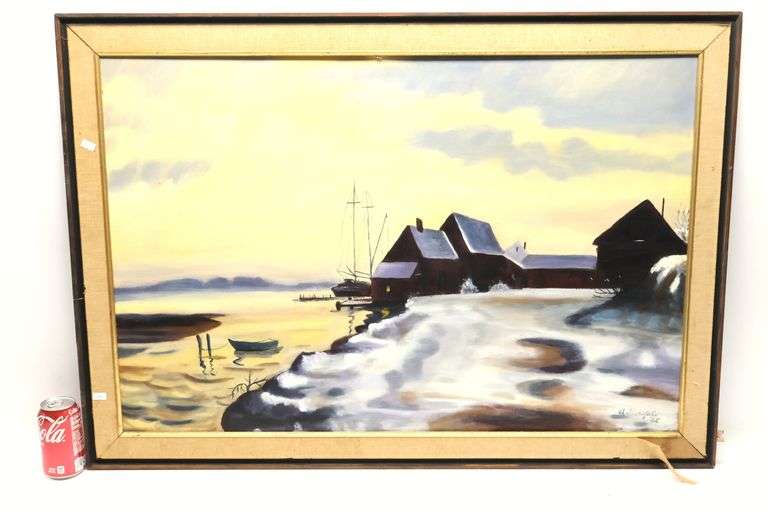 MCM Oil on Canvas Harbor Scene Painting, Signed Lower Right - Dixon's ...
