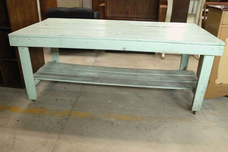 Vintage Farmhouse Green Painted Industrial Work Table - Dixon's Auction ...