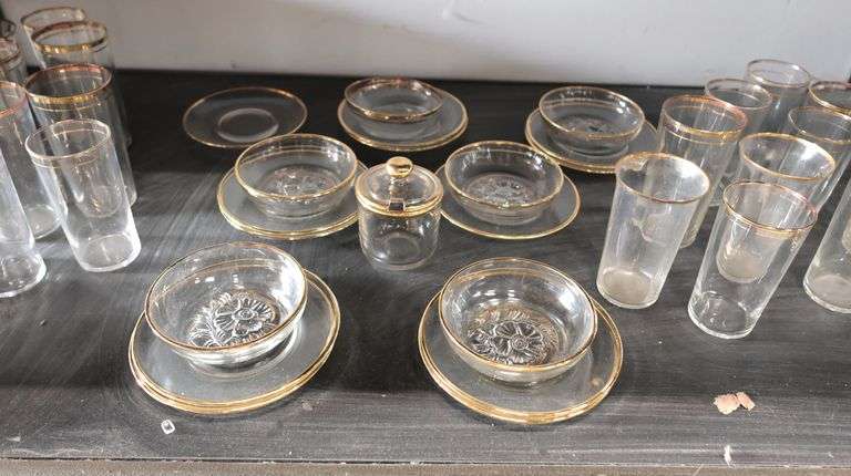 Lot of Vintage Gold Rim Glasses, Dishes & Honey Pot - Dixon's Auction ...