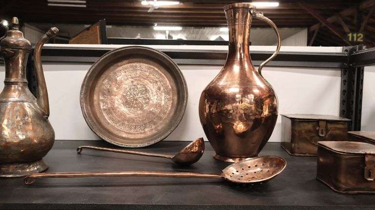 Lot of Ethnographic Copper Pitchers, Ladles, Canister & Etched Bowl ...