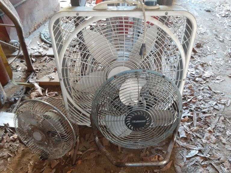 two small round fans, and large box fan - Delaware Auction Center