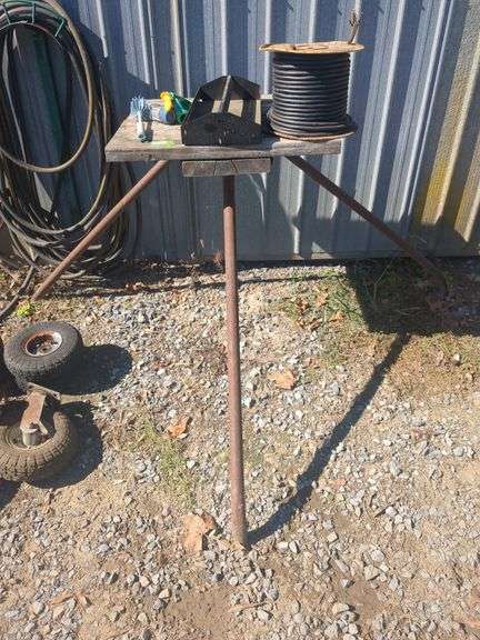 Table, Metal Tray, Hose Nozzles, and Carol Cable Co. Reel of Cable ...