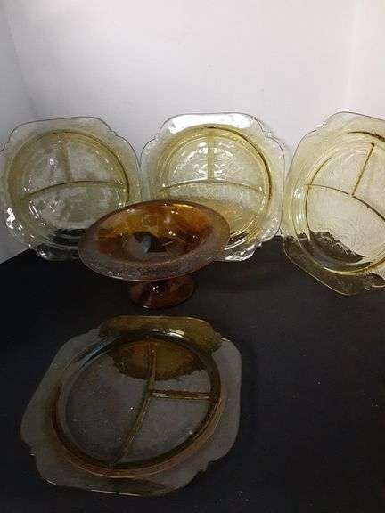 Amber Footed Glass Bowl, and Yellow Depression Glass Grill Plates ...