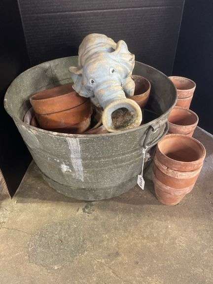 Galvanized Bucket w/ Assorted Ceramic Flower Pots - Delaware Auction Center