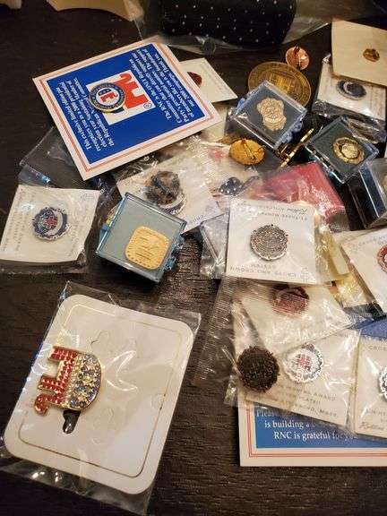 Large Lot of Republican Pins, Postal Pins, Pocahontas, Church, etc ...