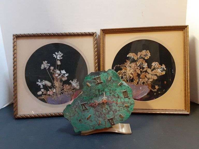 Stone Specimen Clock, Framed Dried Flowers - Delaware Auction Center
