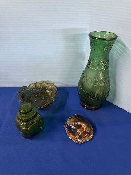 Green Glass Vase and Bowl, Carnival Glass Frog (Wheaton Glass ...