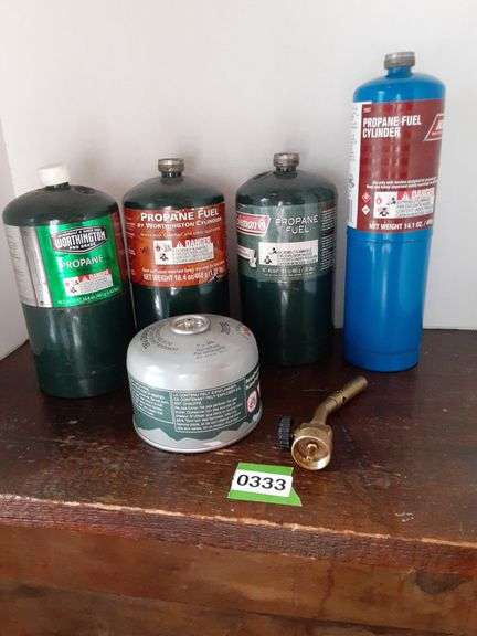 (4) Small Propane Bottles & Butane/Propane Bottle - Delaware Auction Center