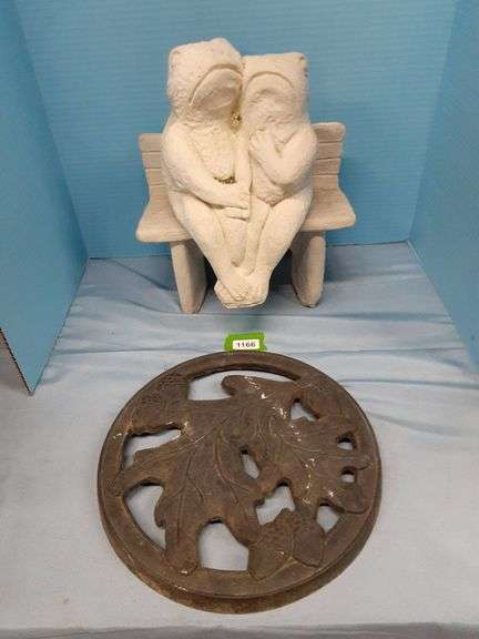 Cast Iron Leaf and Acorn Stepping Stone and Concrete Frogs on Bench ...