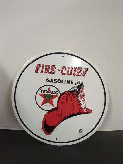 Texaco Fire-Chief Gasoline Round Tin Sign - Delaware Auction Center