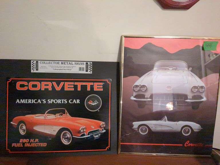 Metal Corvette Sign and Corvette Framed Poster - Delaware Auction Center