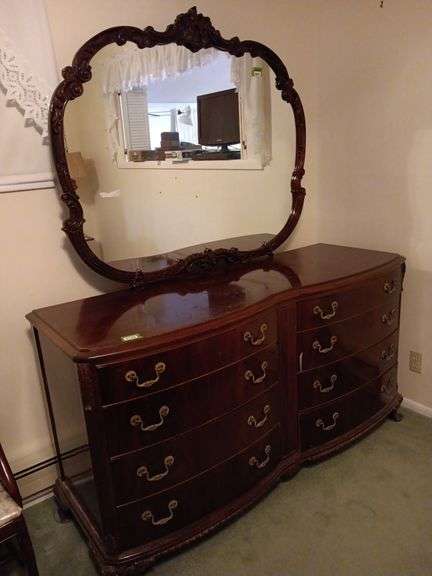 Mahogany Dresser and Mirror with Clam Shell Pulls - Delaware Auction Center