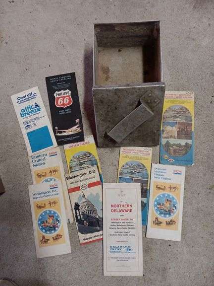 Collection of Vintage Road Maps & Aluminum Box - Delaware Auction Center
