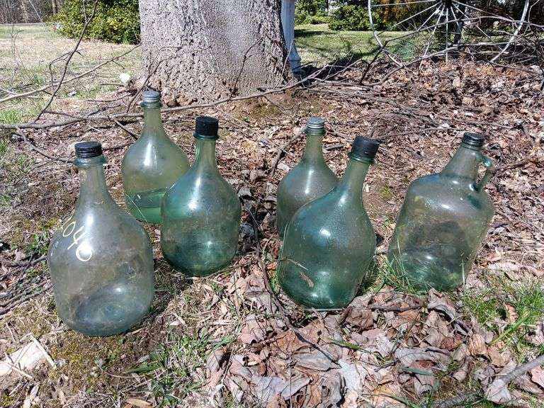 (6) Green Glass Wine Jugs - Delaware Auction Center