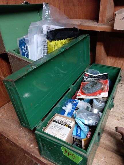 (2) Metal Tool Boxes w/ Assorted Paperwork & Home Repair Supplies ...