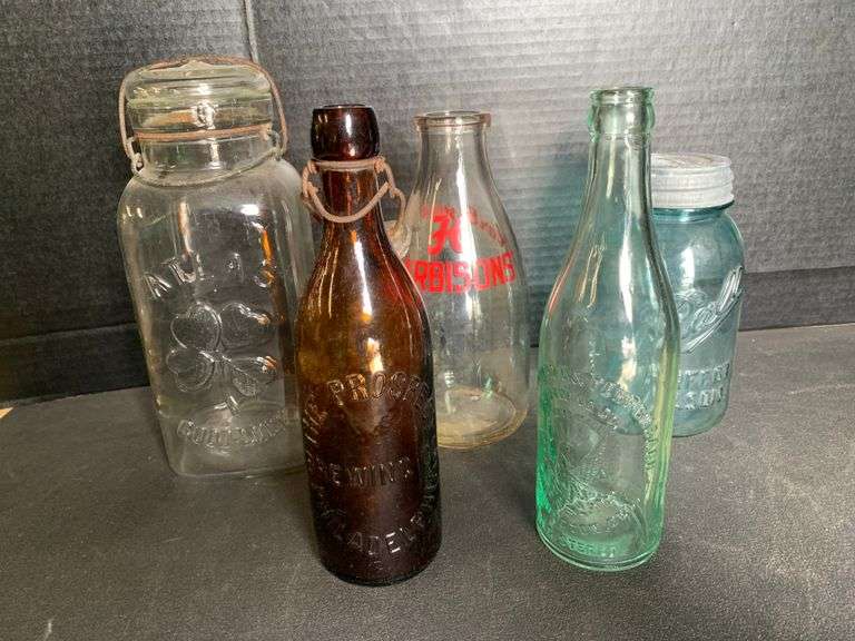 Atlas and Ball Mason Jars, Harbisons Milk Bottle, and (2) Glass Long ...