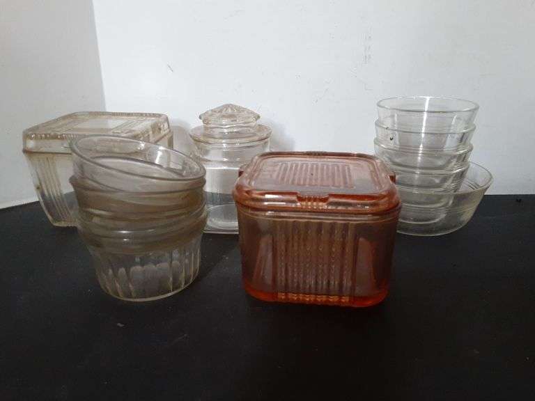 Assortment of Pyrex Custard Dishes, Lidded Jars, and a Pink Depression ...