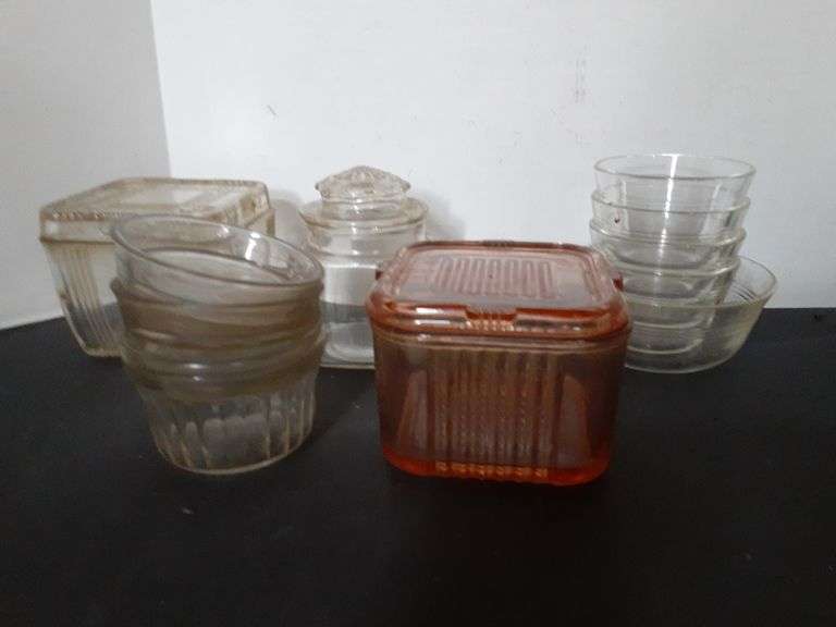 Assortment of Pyrex Custard Dishes, Lidded Jars, and a Pink Depression ...