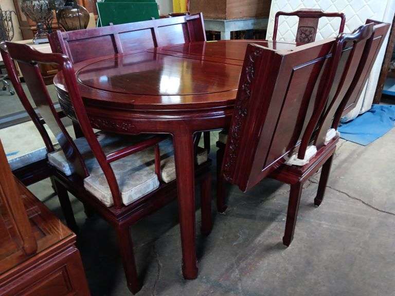 Contemporary Rosewood Asian Style Table w/ (2) drop leaves, (8) Chairs ...
