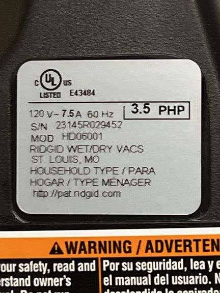 Ridgid 120V 7.5A 60Hz 3.5 Peak HP NXT Shop Wet Dry Vacuum - HD06001 ...