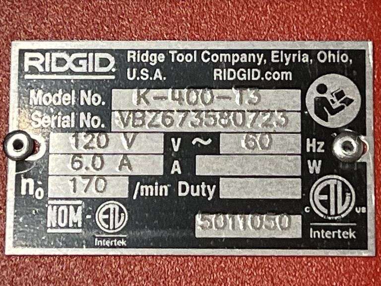 Ridgid 120V 60Hz 6A Drain Cleaning Snake Auger Machine - K-400-T3 ...