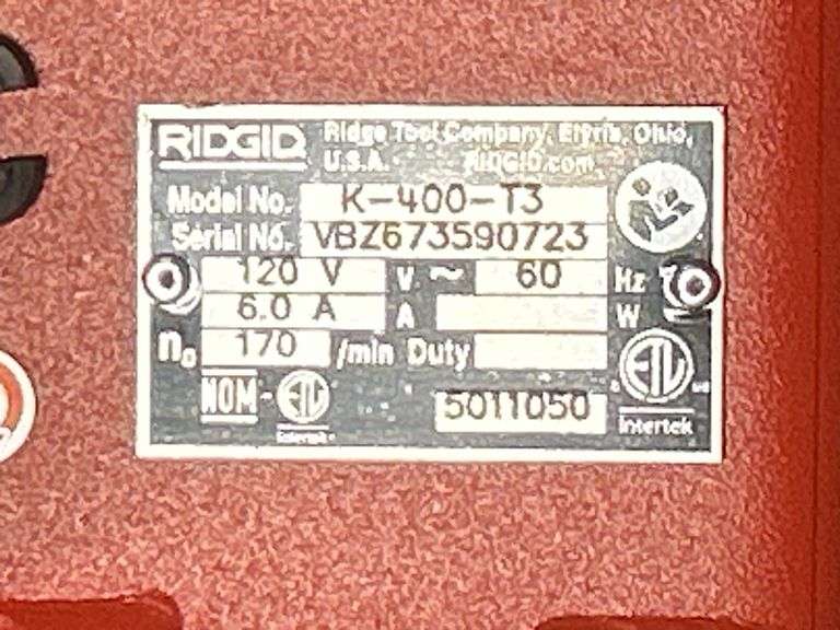 Ridgid 120V 60Hz 6A Drain Cleaning Snake Auger Machine - K-400-T3 ...