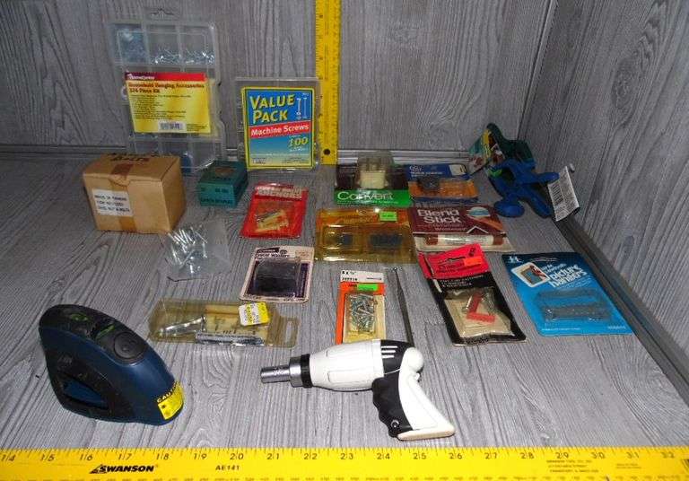 Assorted Hardware, laser Level & Drill - Dunker Auction