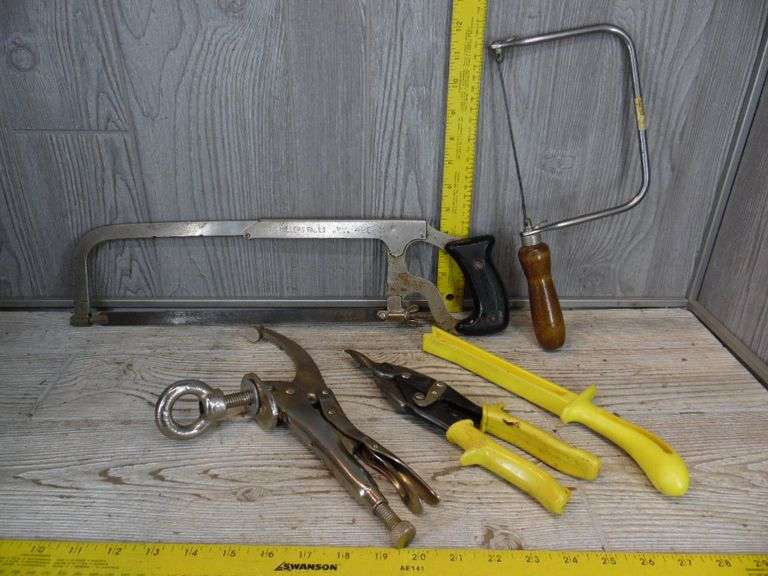 Coping Saw, Hack Saw, Drill Press Clamp & Snips - Dunker Auction