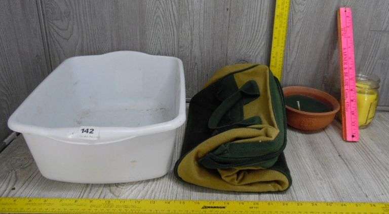 Tool Bag, Plastic Pail, Candle & Ruler - Dunker Auction