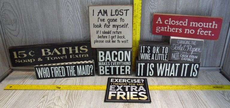 Assorted Wording Signs: Fry Sign is tin & rest are wood - Dunker Auction