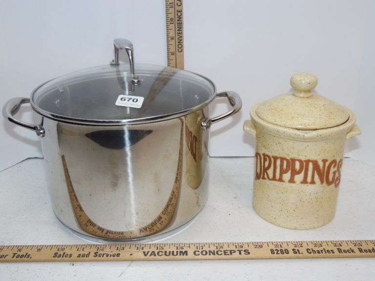 Stainless Pot and Grease Drippings Crock - Dunker Auction