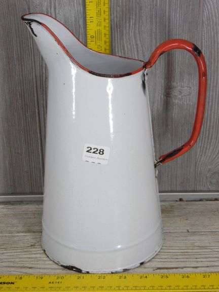 Red & White Enamel Pitcher - Dunker Auction