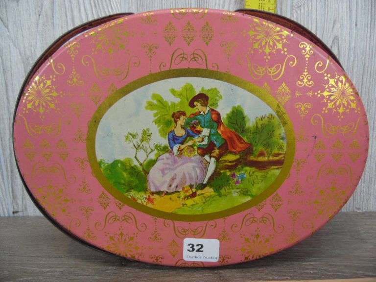 Pink & Gold Sewing Tin With Two Handles - Dunker Auction