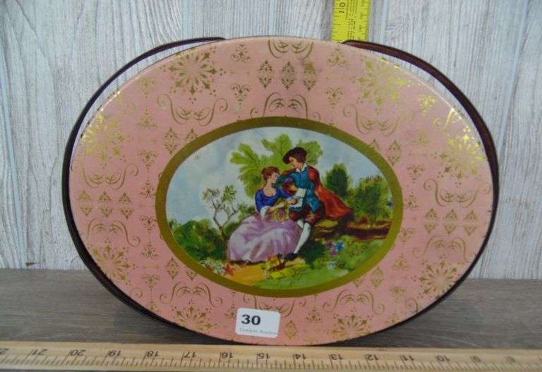 Pink & Gold Metal Sewing Tin With Two Handles - Dunker Auction