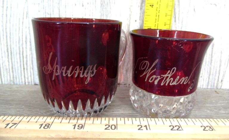Ruby 'Excelsior Springs' & '1901 Goldie Worthen' Etched Ruby Glasses - Dunker Auction
