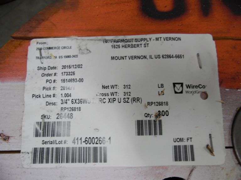 3/4" 6x36 WS- IWRC Wire Rope 300' - Dunker Auction