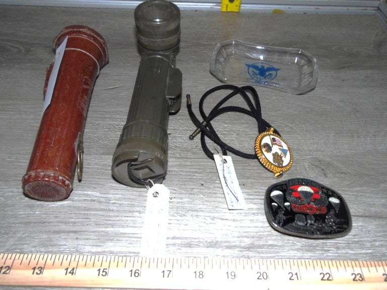 American Legion Bolo Tie, Airborne Belt Buckle, 50s US Lines Coin Dish ...