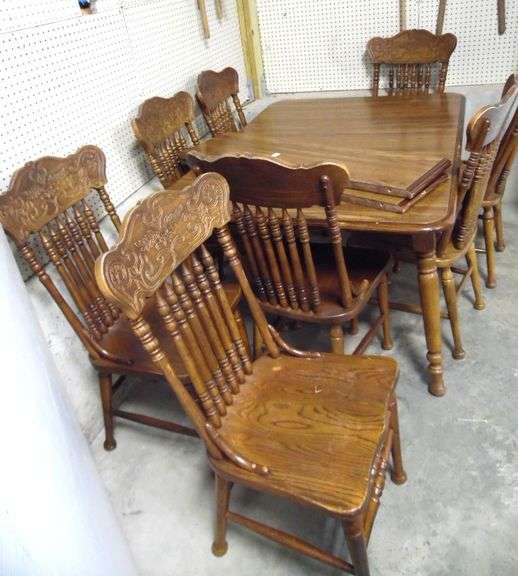 Kitchen Table & 8 Chairs: 60" x 41" x 29" & 2 Leaves: 12" Wide - Dunker Auction