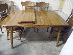 Kitchen Table & 8 Chairs: 60" x 41" x 29" & 2 Leaves: 12" Wide - Dunker Auction