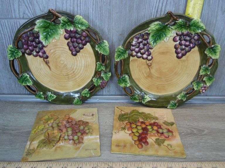 Grape Plates, Tiles, & Basket With Grapes & Strawberries - Dunker Auction