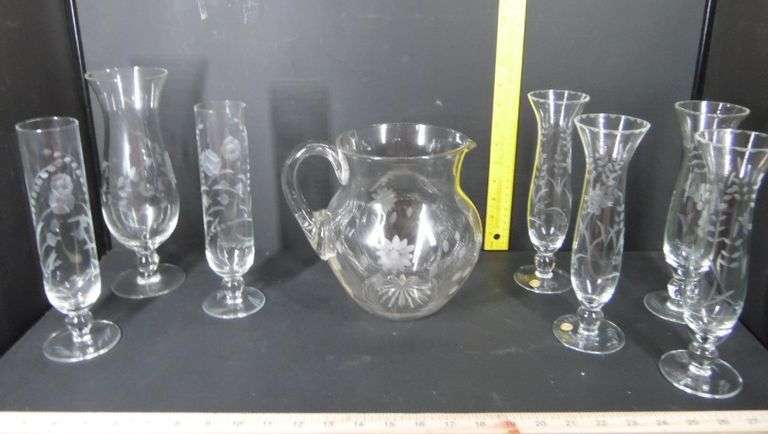 Etched Stemware & Pitcher - Dunker Auction
