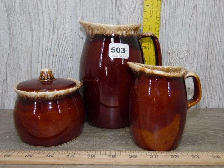 Hull Brown Drip Pitcher, Cream & Sugar - Dunker Auction