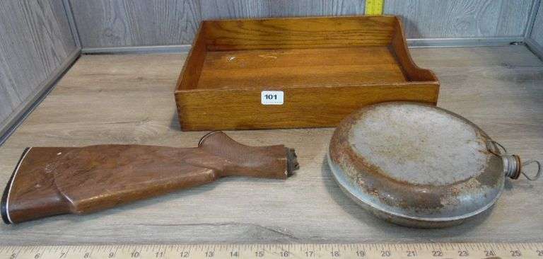 Wood Tray, Gun Stock, Canteen - Dunker Auction