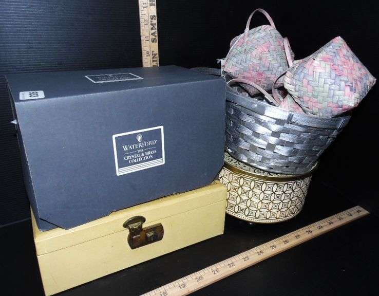 Waterford Crystal Hurricane Candle Holder, Jewlery Box & Baskets - Dunker Auction